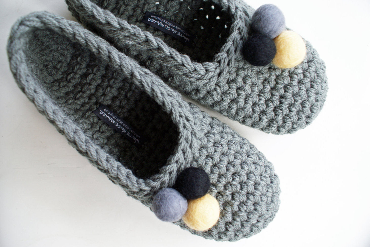 Grey Crochet Slippers With Felt Balls For Women on Luulla